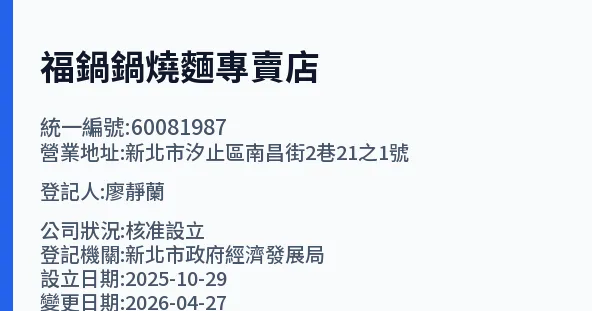 福鍋鍋燒麵專賣店的照片-統編 60081987(新北市) 公司登記資料與營業項目詳細圖表