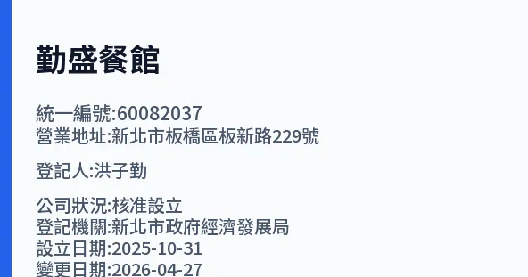 勤盛餐館的照片-統編 60082037(新北市) 公司登記資料與營業項目詳細圖表
