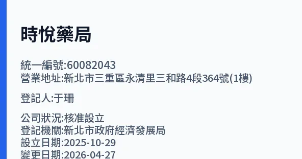 時悅藥局的照片-統編 60082043(新北市) 公司登記資料與營業項目詳細圖表