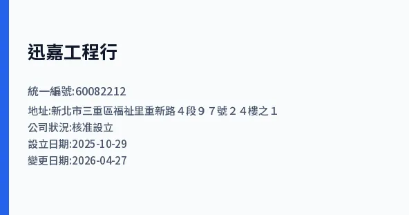 迅嘉工程行的照片-統編 60082212(新北市) 公司登記資料與營業項目詳細圖表