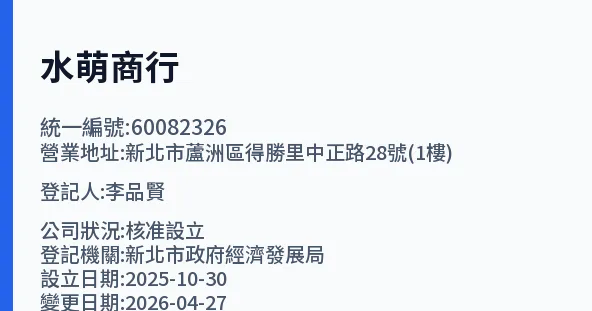 水萌商行的照片-統編 60082326(新北市) 公司登記資料與營業項目詳細圖表