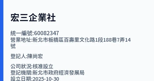 宏三企業社的照片-統編 60082347(新北市) 公司登記資料與營業項目詳細圖表