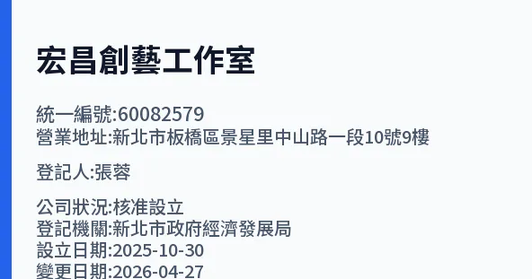 宏昌創藝工作室的照片-統編 60082579(新北市) 公司登記資料與營業項目詳細圖表