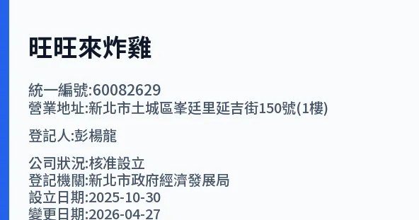 旺旺來炸雞的照片-統編 60082629(新北市) 公司登記資料與營業項目詳細圖表