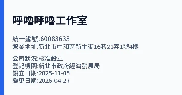 呼嚕呼嚕工作室的照片-統編 60083633(新北市) 公司登記資料與營業項目詳細圖表