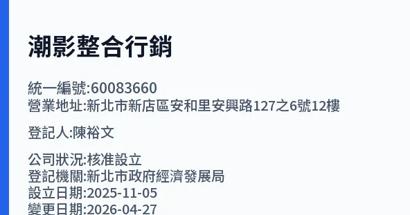 潮影整合行銷的照片-統編 60083660(新北市) 公司登記資料與營業項目詳細圖表