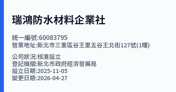瑞鴻防水材料企業社的照片-統編 60083795(新北市) 公司登記資料與營業項目詳細圖表