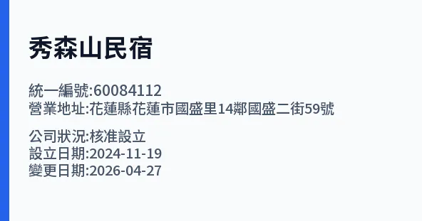 秀森山民宿的照片-統編 60084112(花蓮縣) 公司登記資料與營業項目詳細圖表