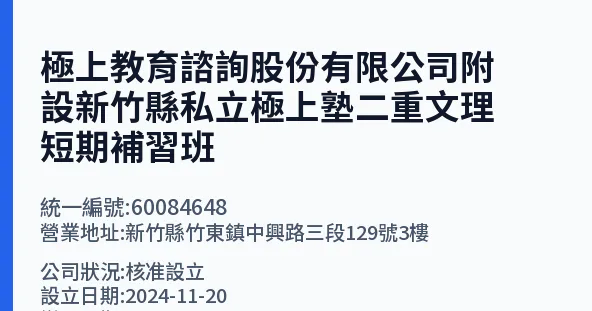 極上教育諮詢股份有限公司附設新竹縣私立極上塾二重文理短期補習班的照片-統編 60084648(新竹縣) 公司登記資料與營業項目詳細圖表