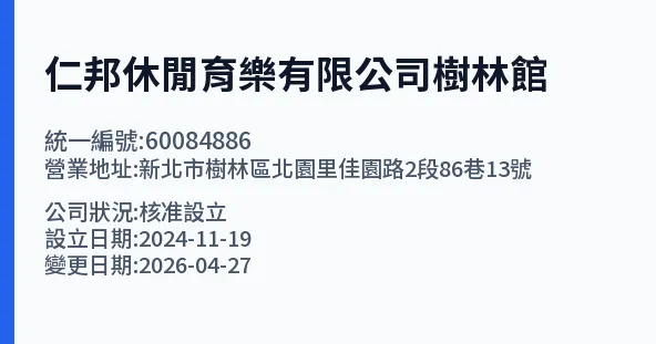 仁邦休閒育樂有限公司樹林館的照片-統編 60084886(新北市) 公司登記資料與營業項目詳細圖表