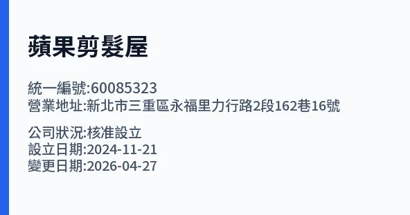 蘋果剪髮屋的照片-統編 60085323(新北市) 公司登記資料與營業項目詳細圖表