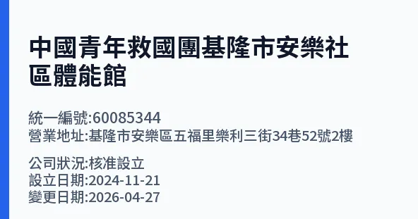 中國青年救國團基隆市安樂社區體能館的照片-統編 60085344(基隆市) 公司登記資料與營業項目詳細圖表