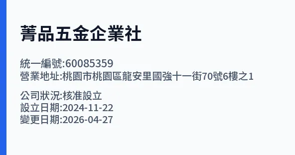 菁品五金企業社的照片-統編 60085359(桃園市) 公司登記資料與營業項目詳細圖表