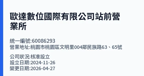 歐達數位國際有限公司站前營業所的照片-統編 60086293(桃園市) 公司登記資料與營業項目詳細圖表