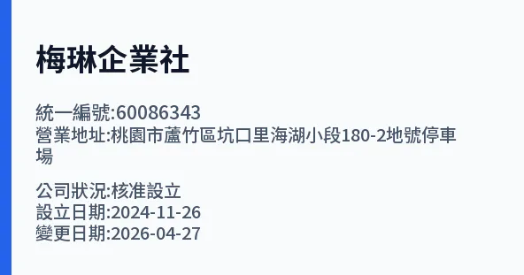 梅琳企業社的照片-統編 60086343(桃園市) 公司登記資料與營業項目詳細圖表