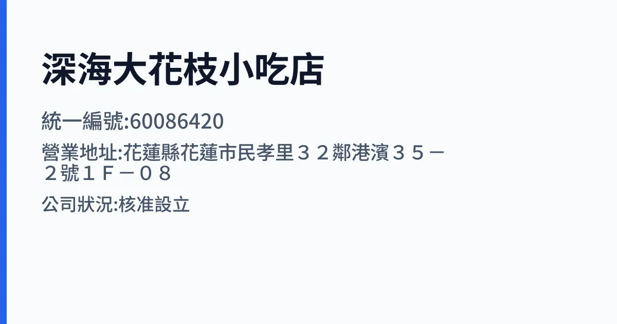 深海大花枝小吃店 - 統編 60086420 (花蓮縣) 公司登記資料與營業項目詳細圖表