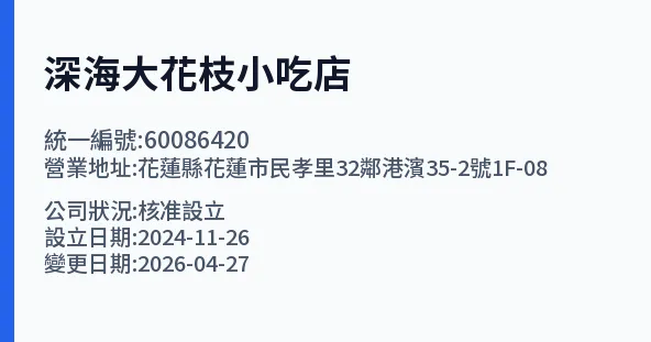 深海大花枝小吃店的照片-統編 60086420(花蓮縣) 公司登記資料與營業項目詳細圖表