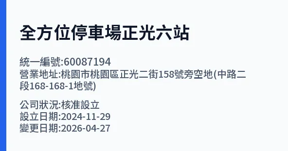 全方位停車場正光六站的照片-統編 60087194(桃園市) 公司登記資料與營業項目詳細圖表