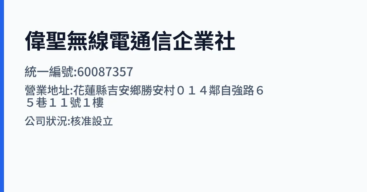 偉聖無線電通信企業社 - 統編 60087357(花蓮縣) 公司登記資料與營業項目詳細圖表