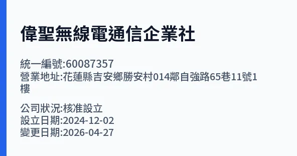 偉聖無線電通信企業社的照片-統編 60087357(花蓮縣) 公司登記資料與營業項目詳細圖表