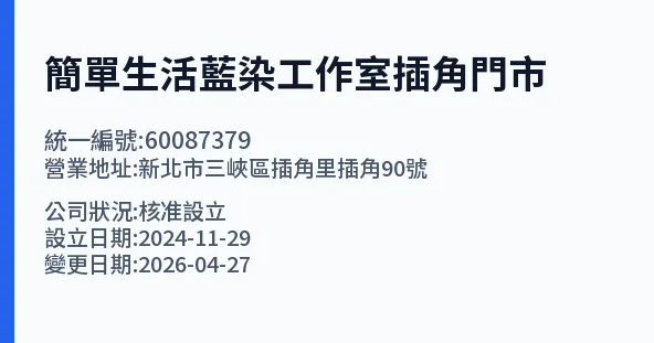簡單生活藍染工作室插角門市的照片-統編 60087379(新北市) 公司登記資料與營業項目詳細圖表