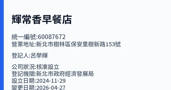 輝常香早餐店的照片-統編 60087672(新北市) 公司登記資料與營業項目詳細圖表