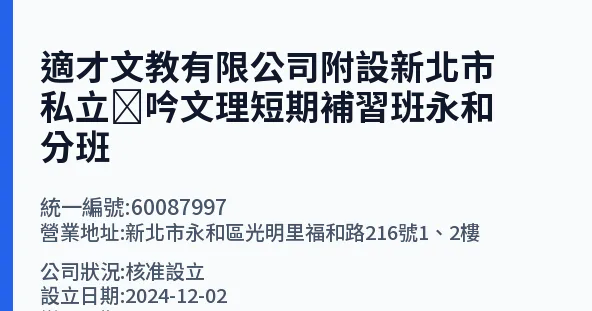 適才文教有限公司附設新北市私立枊吟文理短期補習班永和分班的照片-統編 60087997(新北市) 公司登記資料與營業項目詳細圖表