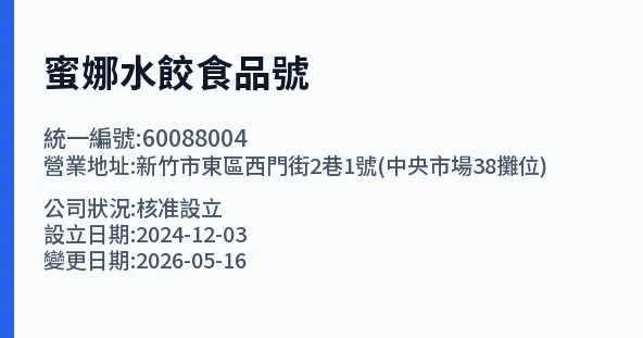 蜜娜水餃食品號的照片-統編 60088004(新竹市) 公司登記資料與營業項目詳細圖表