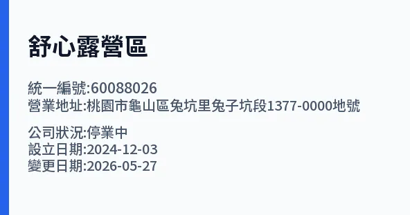 舒心露營區的照片-統編 60088026(桃園市) 公司登記資料與營業項目詳細圖表