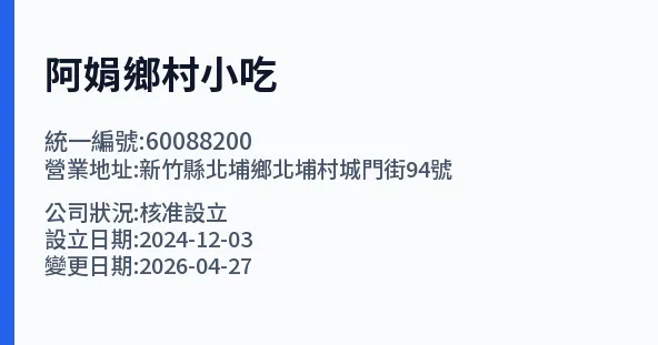 阿娟鄉村小吃的照片-統編 60088200(新竹縣) 公司登記資料與營業項目詳細圖表