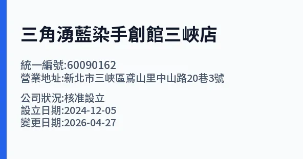 三角湧藍染手創館三峽店的照片-統編 60090162(新北市) 公司登記資料與營業項目詳細圖表