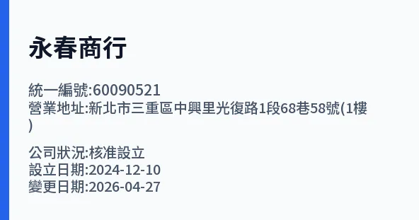永春商行的照片-統編 60090521(新北市) 公司登記資料與營業項目詳細圖表