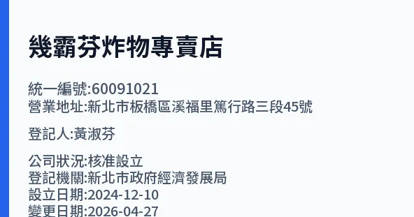 幾霸芬炸物專賣店的照片-統編 60091021(新北市) 公司登記資料與營業項目詳細圖表