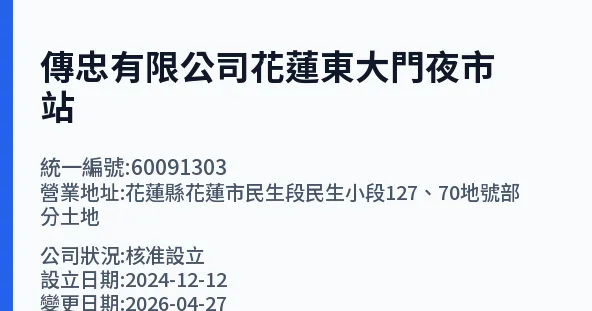 傳忠有限公司花蓮東大門夜市站的照片-統編 60091303(花蓮縣) 公司登記資料與營業項目詳細圖表
