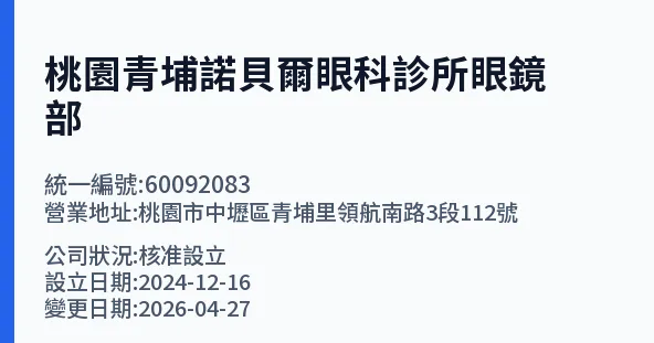 桃園青埔諾貝爾眼科診所眼鏡部的照片-統編 60092083(桃園市) 公司登記資料與營業項目詳細圖表