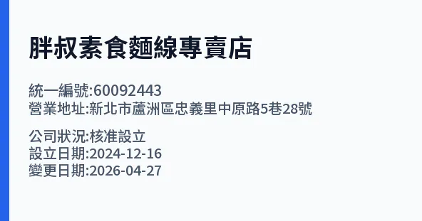 胖叔素食麵線專賣店的照片-統編 60092443(新北市) 公司登記資料與營業項目詳細圖表