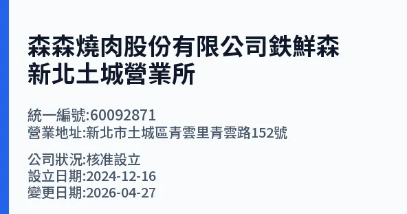 森森燒肉股份有限公司鉄鮮森新北土城營業所的照片-統編 60092871(新北市) 公司登記資料與營業項目詳細圖表