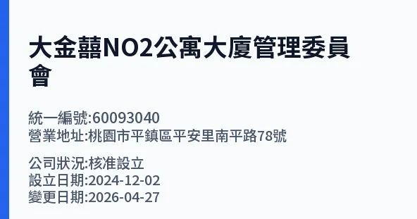 大金囍NO2公寓大廈管理委員會的照片-統編 60093040(桃園市) 公司登記資料與營業項目詳細圖表