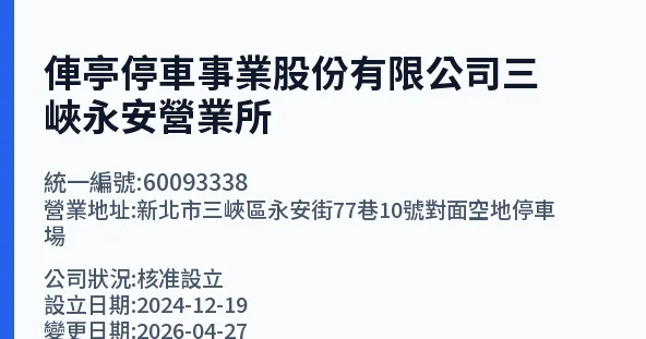 俥亭停車事業股份有限公司三峽永安營業所的照片-統編 60093338(新北市) 公司登記資料與營業項目詳細圖表