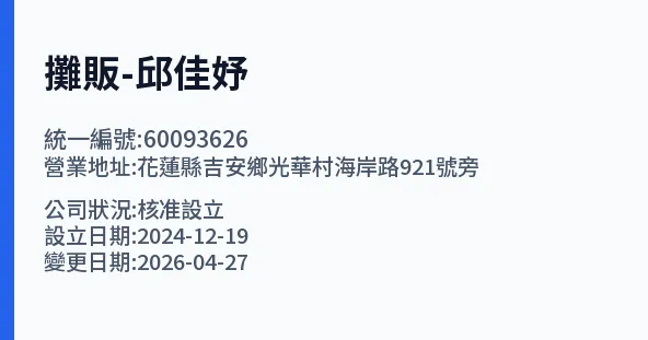 攤販-邱佳妤的照片-統編 60093626(花蓮縣) 公司登記資料與營業項目詳細圖表