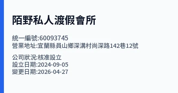 陌野私人渡假會所的照片-統編 60093745(宜蘭縣) 公司登記資料與營業項目詳細圖表