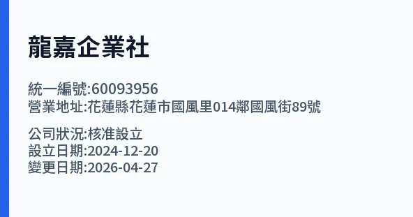 龍嘉企業社的照片-統編 60093956(花蓮縣) 公司登記資料與營業項目詳細圖表
