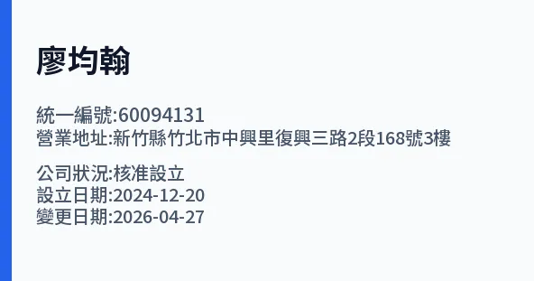 廖均翰的照片-統編 60094131(新竹縣) 公司登記資料與營業項目詳細圖表