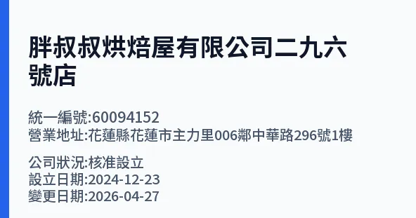 胖叔叔烘焙屋有限公司二九六號店的照片-統編 60094152(花蓮縣) 公司登記資料與營業項目詳細圖表