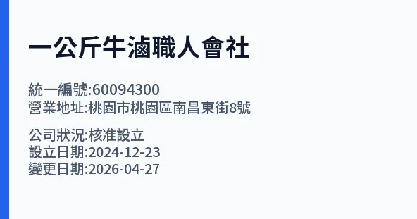 一公斤牛滷職人會社的照片-統編 60094300(桃園市) 公司登記資料與營業項目詳細圖表