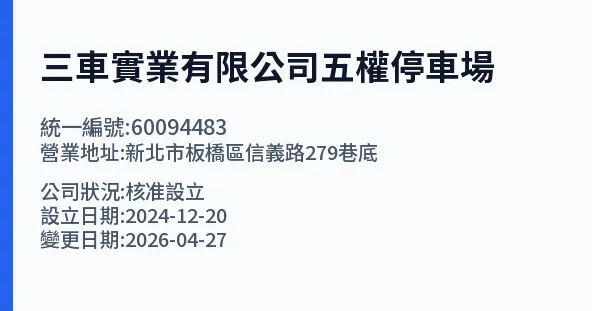 三車實業有限公司五權停車場的照片-統編 60094483(新北市) 公司登記資料與營業項目詳細圖表