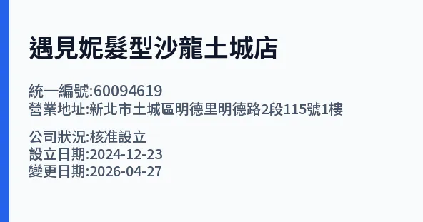 遇見妮髮型沙龍土城店的照片-統編 60094619(新北市) 公司登記資料與營業項目詳細圖表