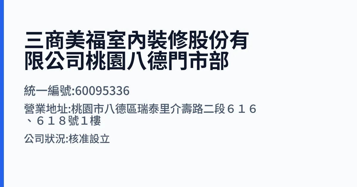 三商美福室內裝修股份有限公司桃園八德門市部 - 統編 60095336(桃園市) 公司登記資料與營業項目詳細圖表