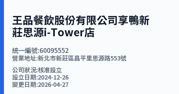 王品餐飲股份有限公司享鴨新莊思源i-Tower店的照片-統編 60095552(新北市) 公司登記資料與營業項目詳細圖表