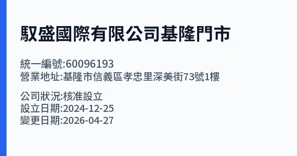 馭盛國際有限公司基隆門市的照片-統編 60096193(基隆市) 公司登記資料與營業項目詳細圖表